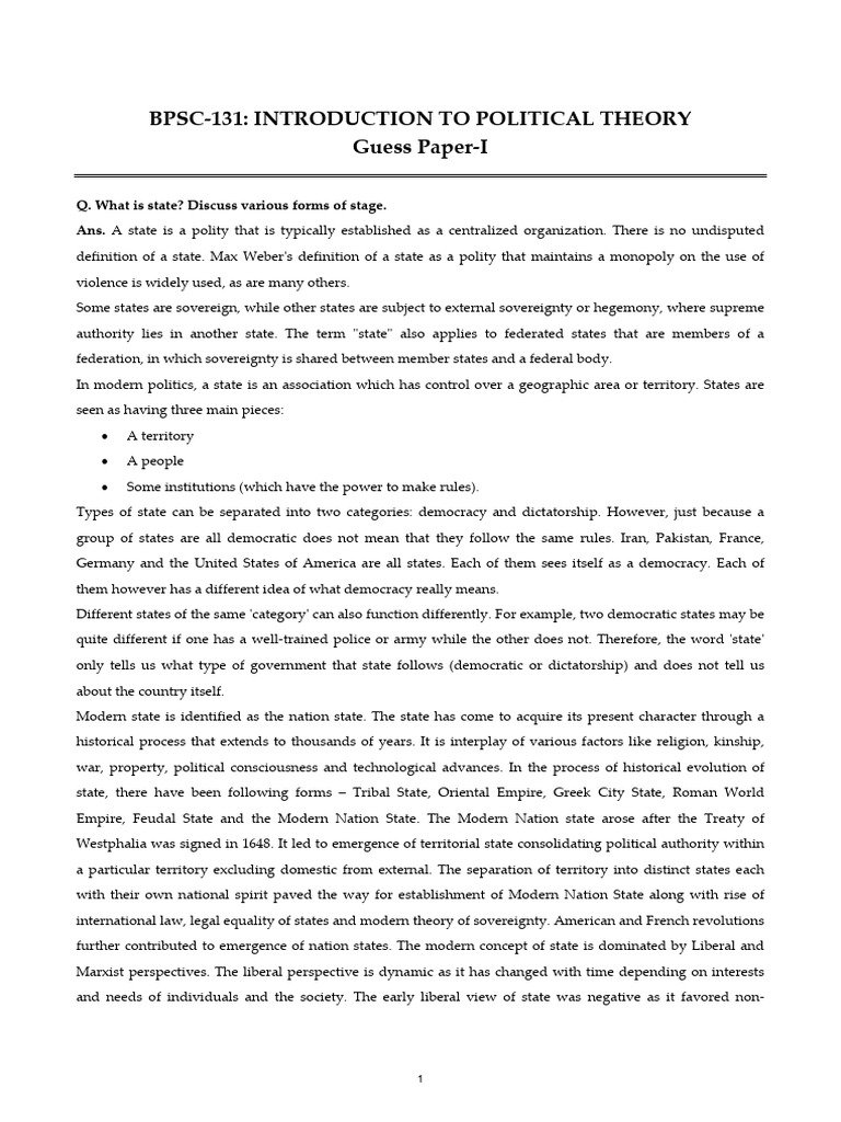 BPSC-131-Em-Guess Paper | PDF | State (Polity) | Liberalism