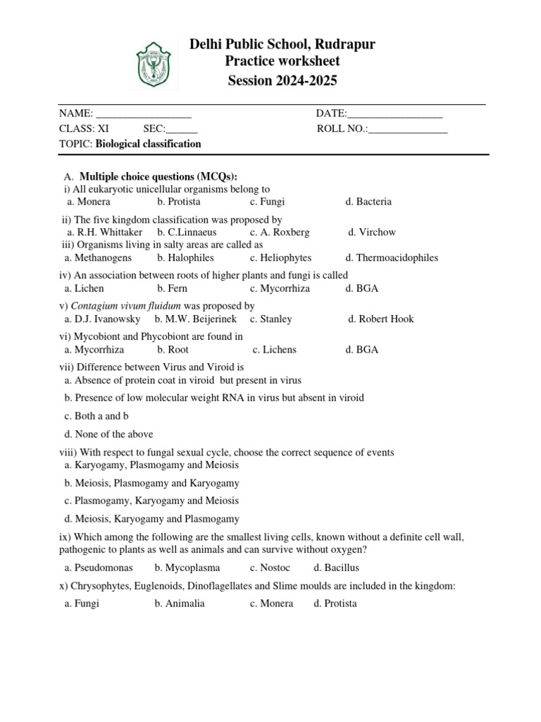 Class XI Biological Classification Worksheet | PDF | Fungus | Biology