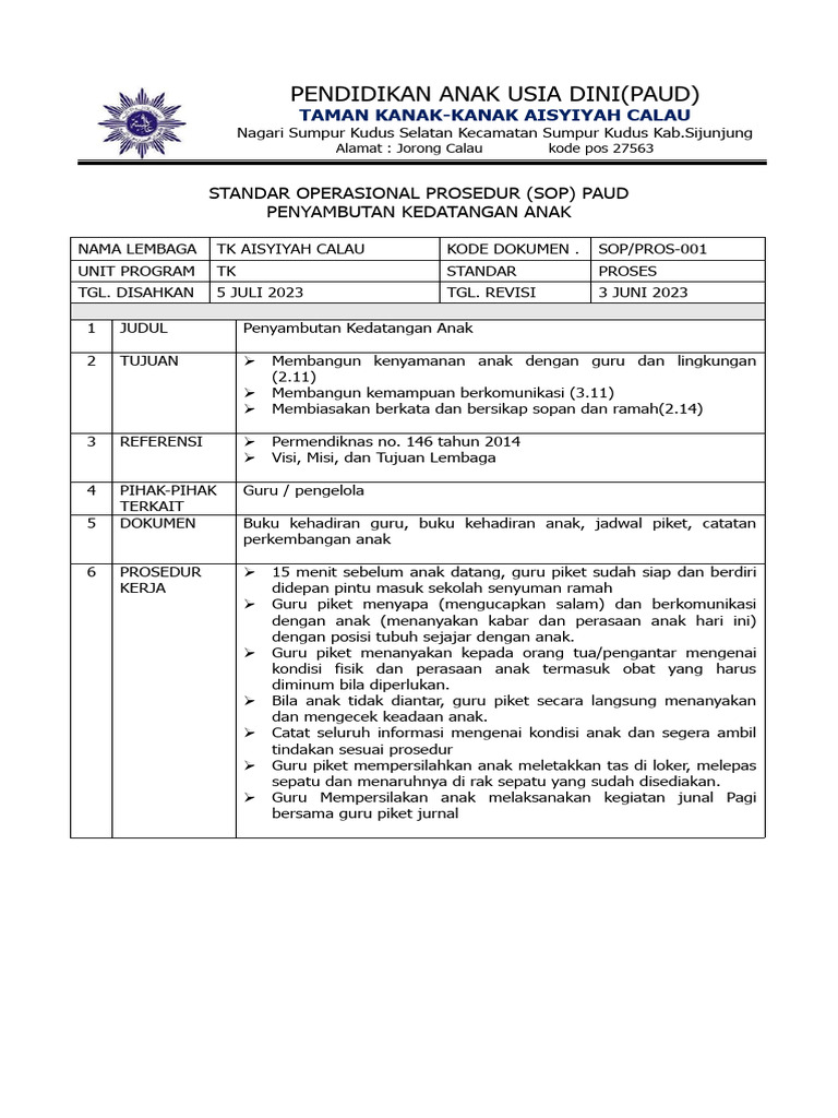 SOP Penyambutan Anak PAUD Aisyiyah | PDF | Kesehatan Holistik