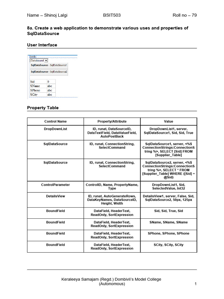 8A. Create A Web Application To Demonstrate Various Uses and Properties of Sqldatasource User ...
