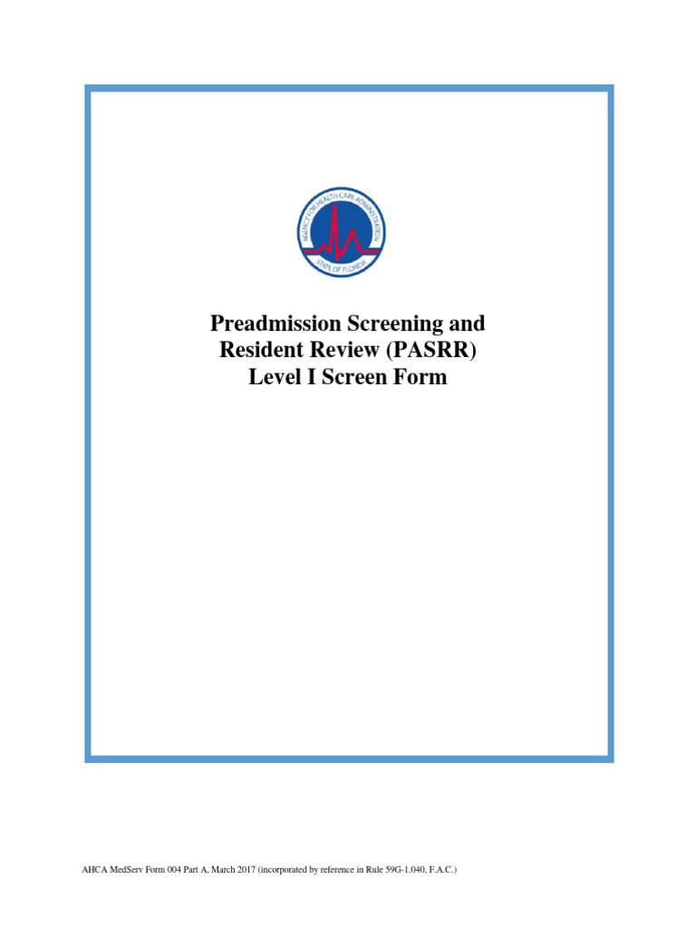 Preadmission Screen and Resident Review PASRR Level I Form | PDF ...