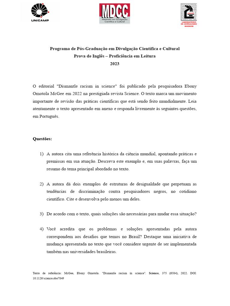 Prova de Ingles MDCC Agosto23 | PDF | Science, Technology, Engineering, And Mathematics | Race ...