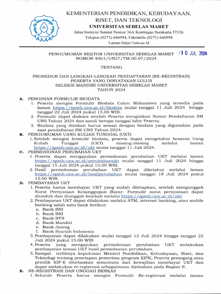 4061.pengumuman Rektor UNS Tentang Prosedur Re-Registrasi SM UNS Tahun 2024 | PDF | Pengelolaan ...