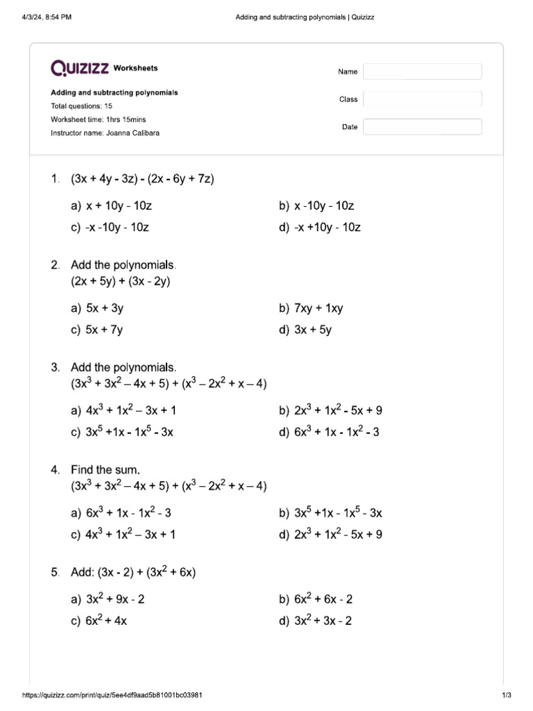 Adding and Subtracting Polynomials | PDF