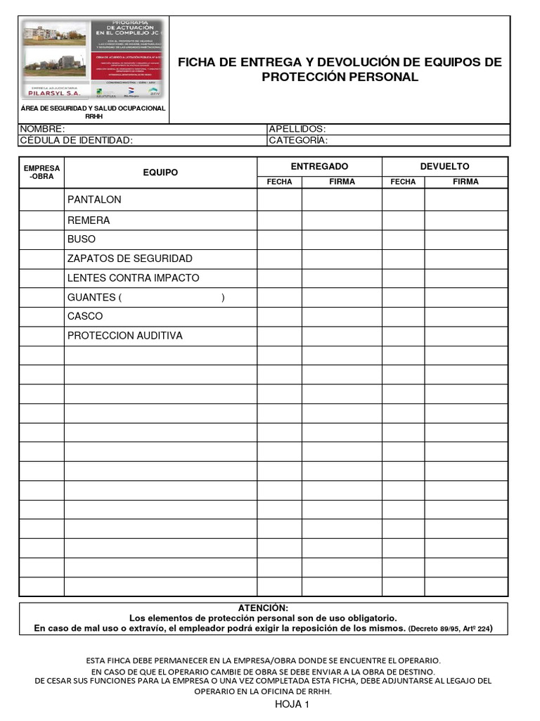 Ficha Entrega Devolucion Epp | PDF