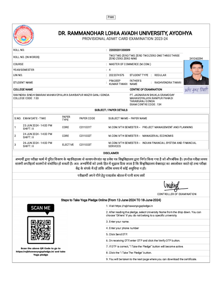 Admit Card - Pradeep 4th Sem | PDF