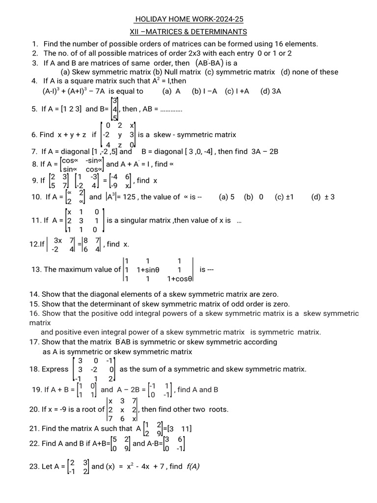 Holiday Homework: Matrices & Determinants | PDF | Matrix (Mathematics ...