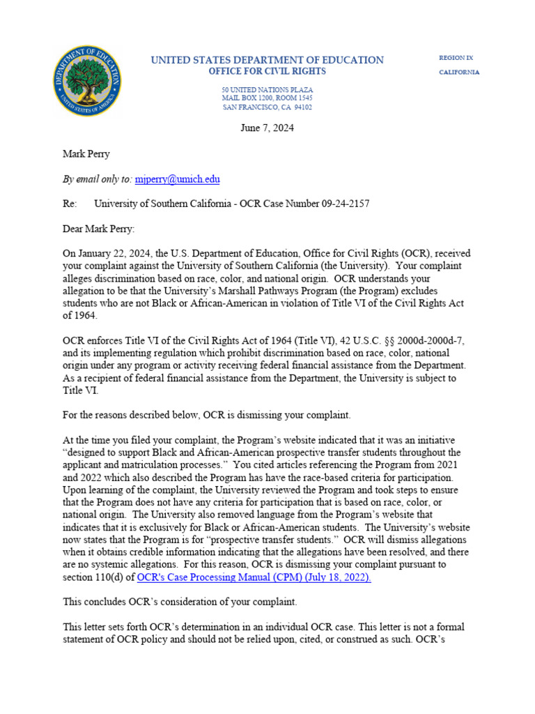 USC 'Marshall Pathways Program' Resolution Letter | PDF | Complaint ...