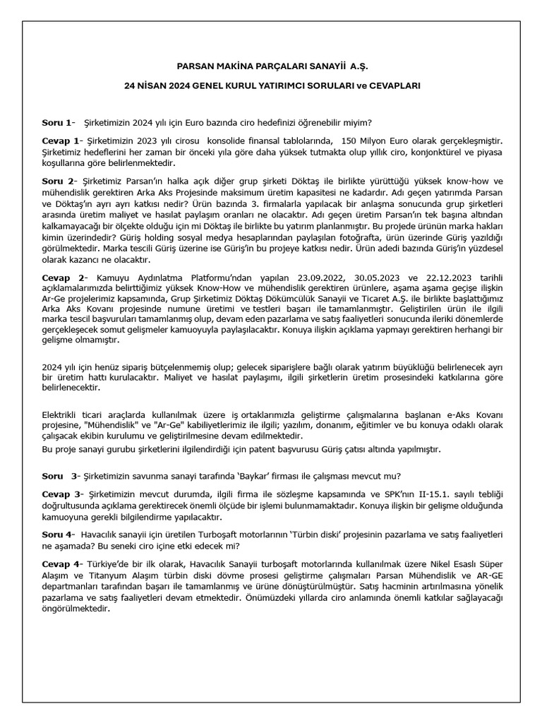 Parsan Genel Kurul Soru Ve Cevaplari | PDF
