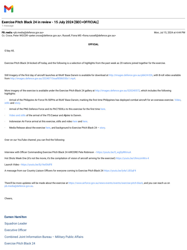 Gmail - Exercise Pitch Black 24 in review - 15 July 2024 [SEC=OFFICIAL ...
