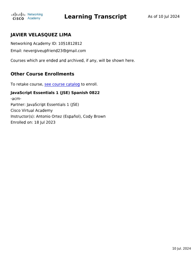 NetAcad Learning Transcript | PDF | Computers