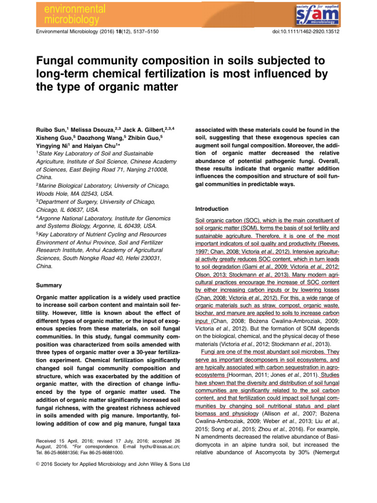 Fungal community composition in soils subjected tolong-term chemical fertilization is most ...