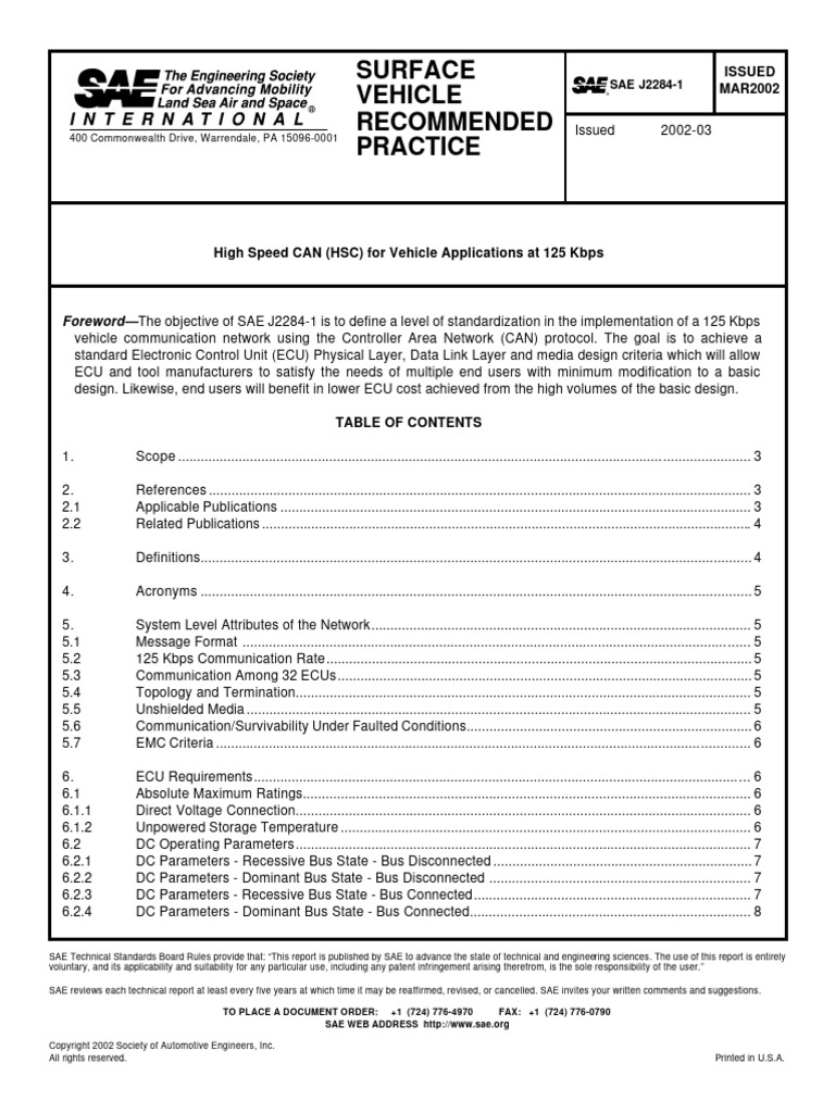 SAE J2284-1-2002 High Speed CAN (HSC) For Vehicle Applications at 125 Kbps | PDF ...