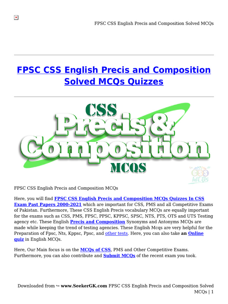 FPSC CSS English Precis and Composition Solved MCQs | PDF | English Grammar | Quiz