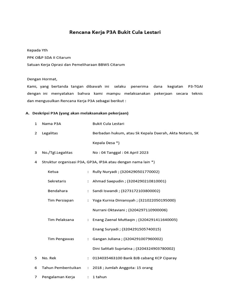 Rencana Kerja P3A Bukit Cula Lestari | PDF