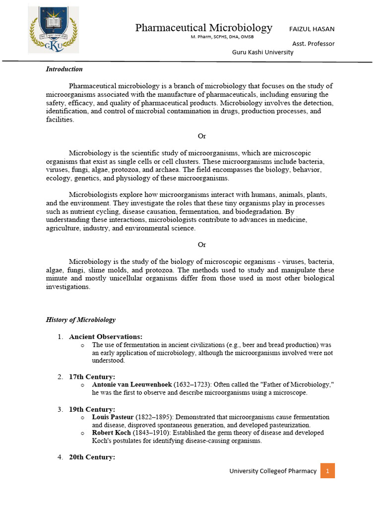 Introduction, History of Microbiology, Its Branches, Scope and Its Importance | PDF ...