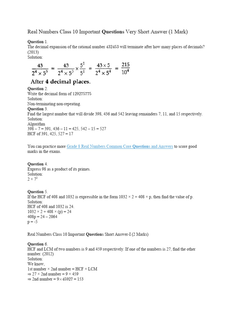 Class 10 Real Numbers Key Questions | PDF | Factorization | Numbers