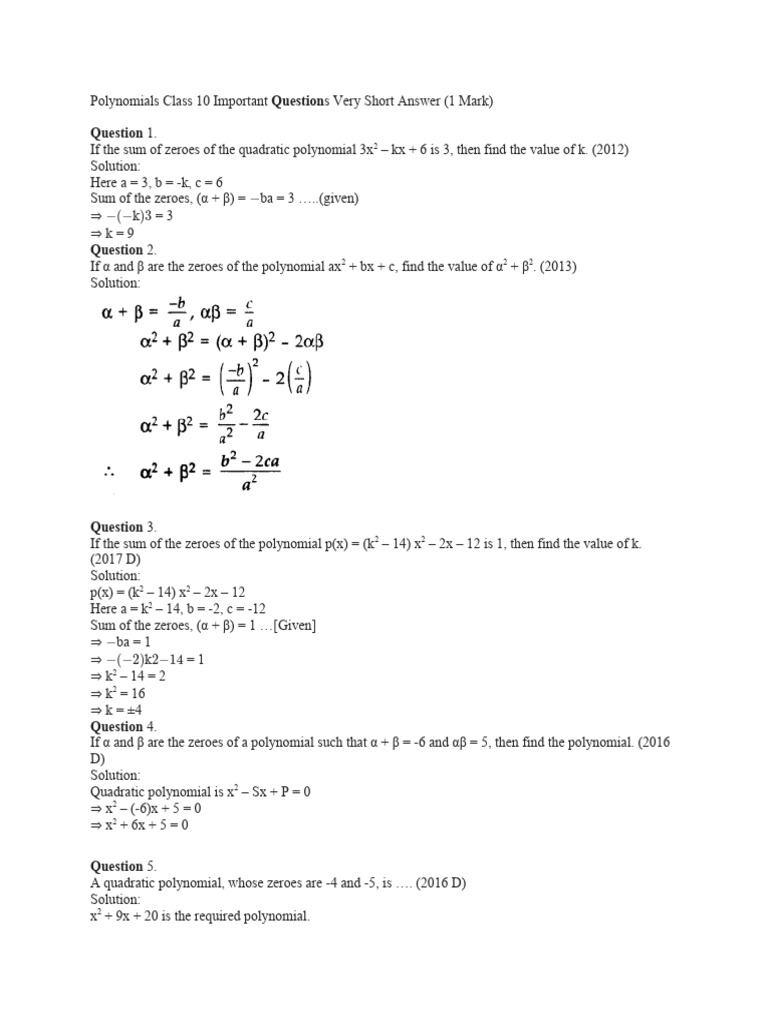 Polynomials Class 10 Important Questions Very Short Answer | PDF | Polynomial | Factorization