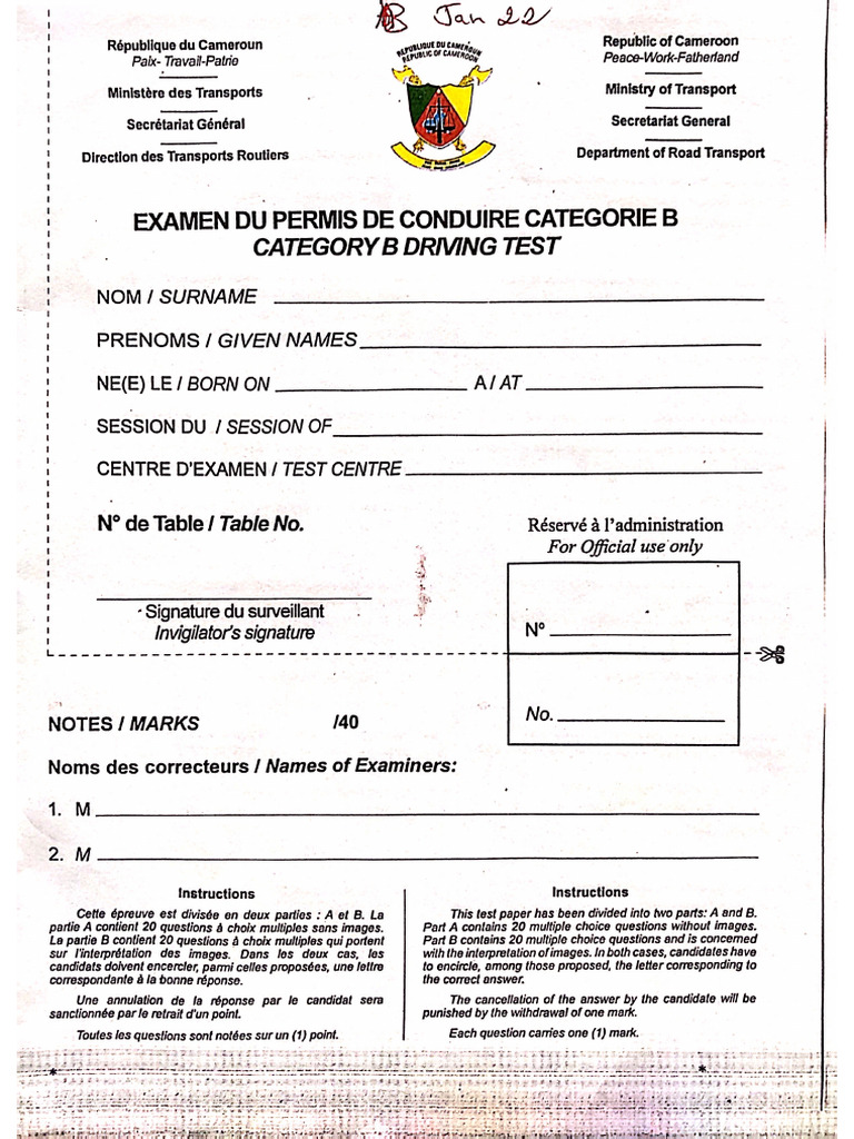 Examen Du Permis de Conduire Category B Cameroun - Janvier 2022 | PDF