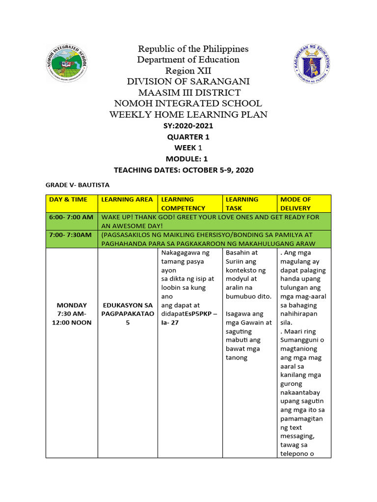 Weekly Home Learning Plan | PDF