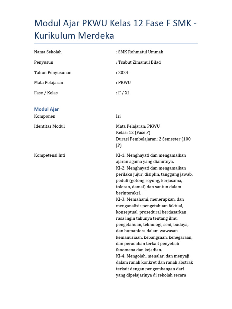 Modul Ajar PKWU Kelas 12 Fase F SMK | PDF