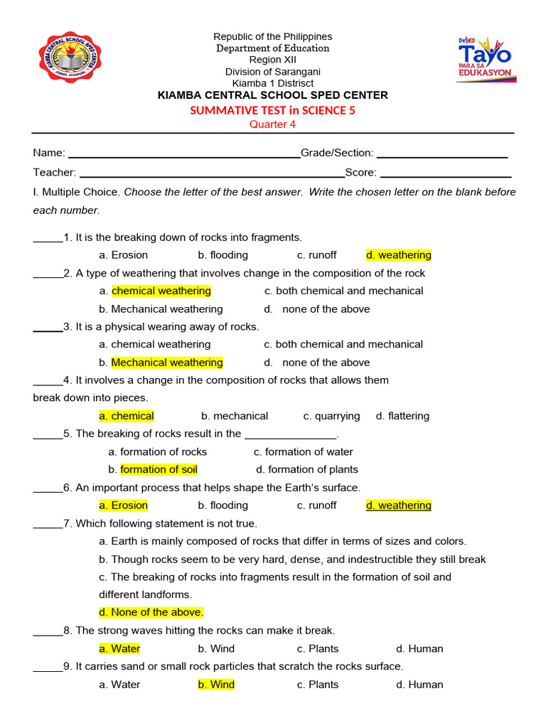 Q4 GRADE 5 Summative Test Science 5 | PDF | Tropical Cyclones | Moon