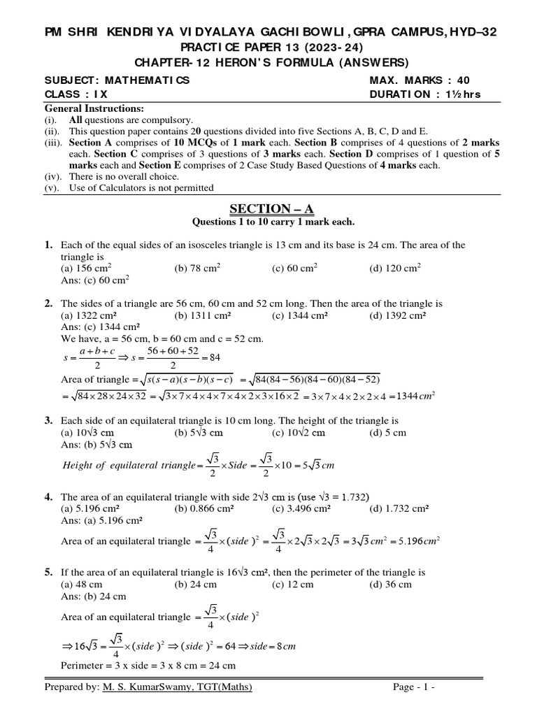Maths Class Ix Chapter 12 Herons Formula Practice Paper 14 Answers | PDF | Area | Triangle