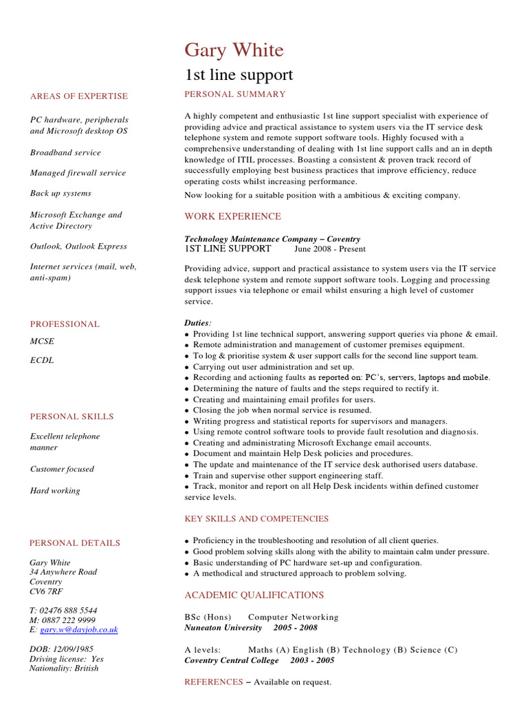 1st Line Support CV Template | PDF | Personal Computers | Microsoft ...