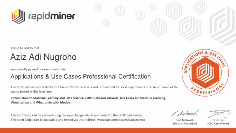 Aziz Adi Nugroho Applications Use Cases Professional Certification Certificate | PDF