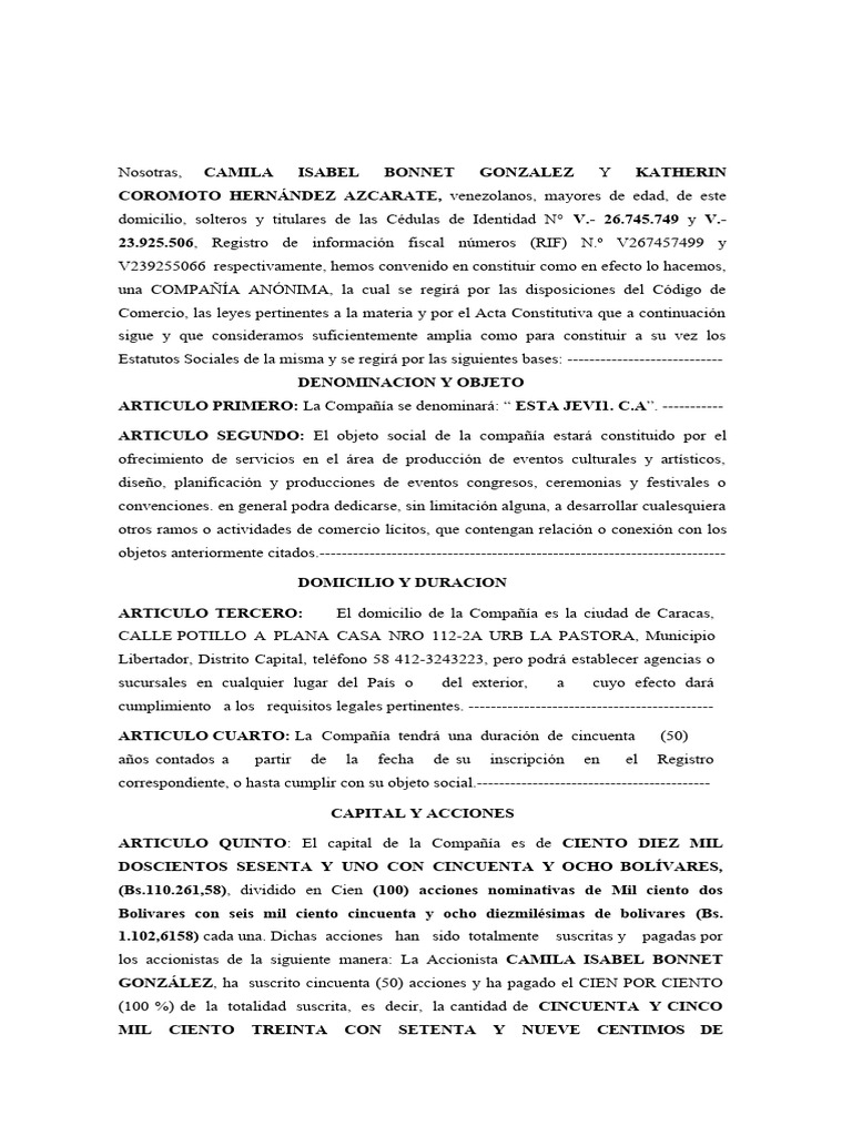 Constitución de ESTA JEVI1 C.A. en Caracas | PDF | Documento de ...