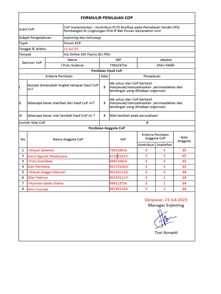 Formulir Penilaian CoP | PDF