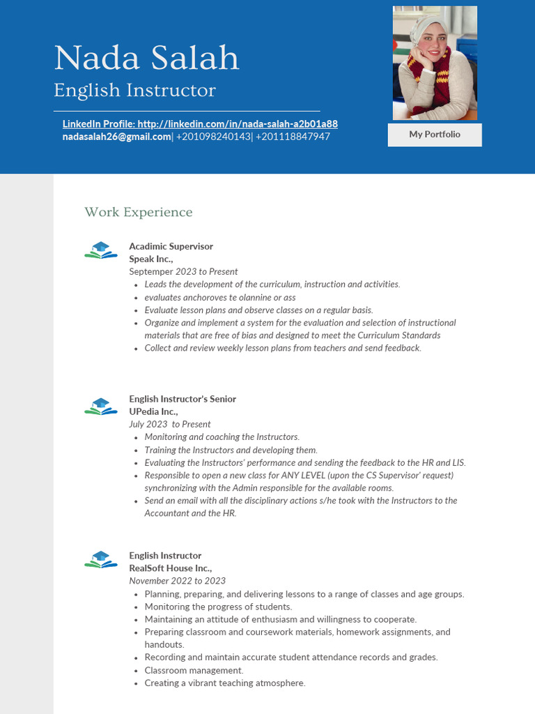C.v Nada Salah Resume | PDF | Teachers | Lesson Plan