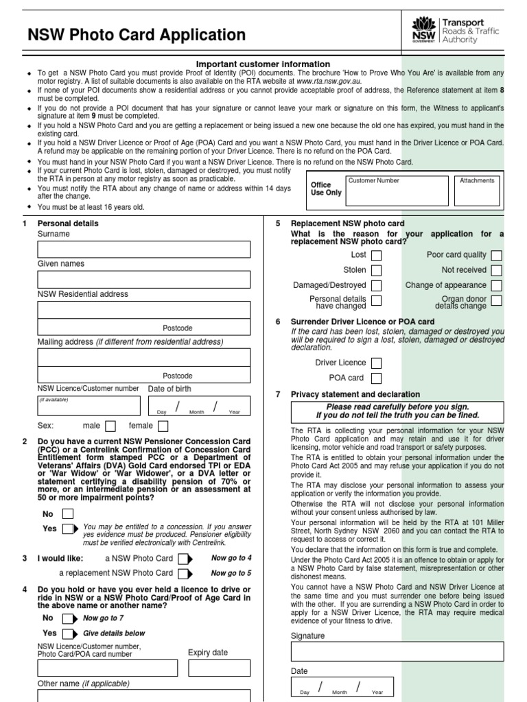 NSW Photo Card Application: Important Customer Information | Download ...