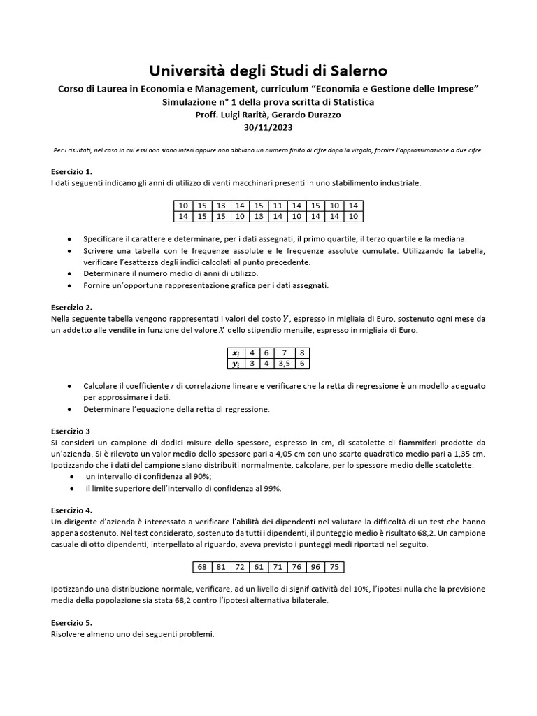 Simulazione - 1 Statistica Università | PDF