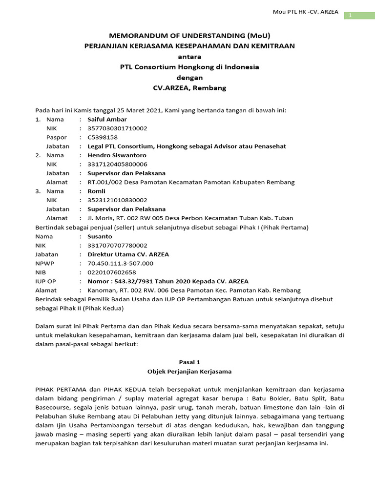 MoU Kerjasama Penjualan Material CV. ARZEA Dan PTL HK 2021 | PDF