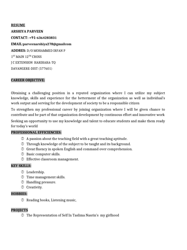 Arshiya Parveen: Teaching Resume | PDF | Human Communication | Behavior Modification