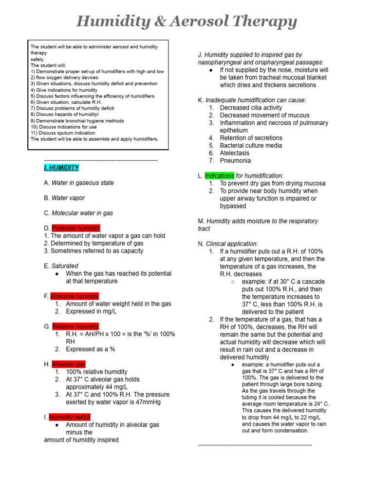 Notes: Humidity & Aerosol Therapy | PDF | Humidity | Aerosol