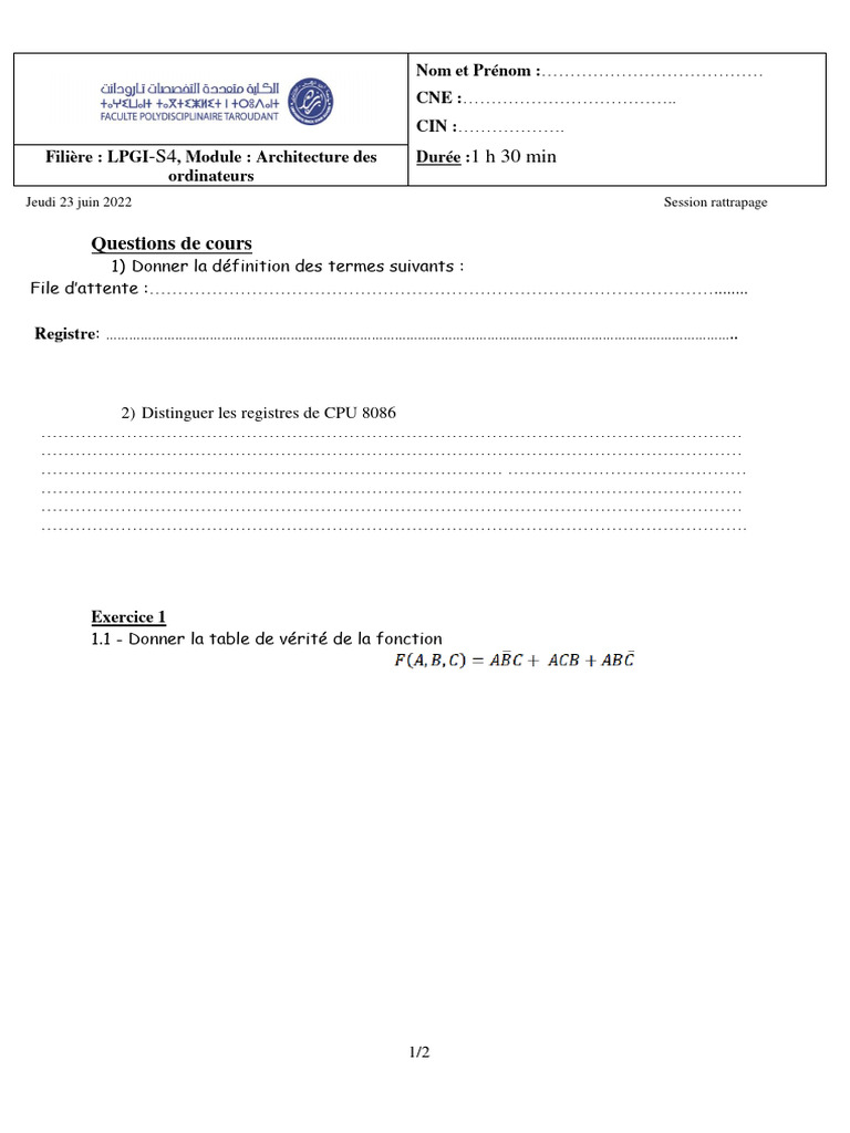 Examen Gi Rattrapage 203 | PDF