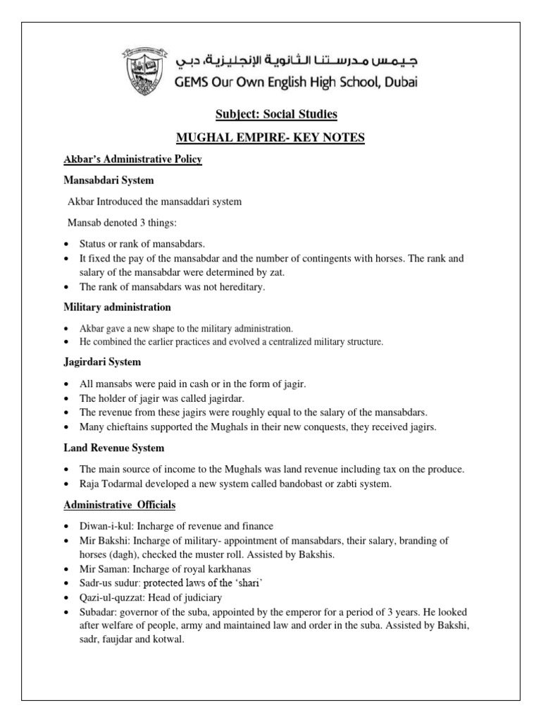 Mughal Empire-Key Notes | PDF | Mughal Empire