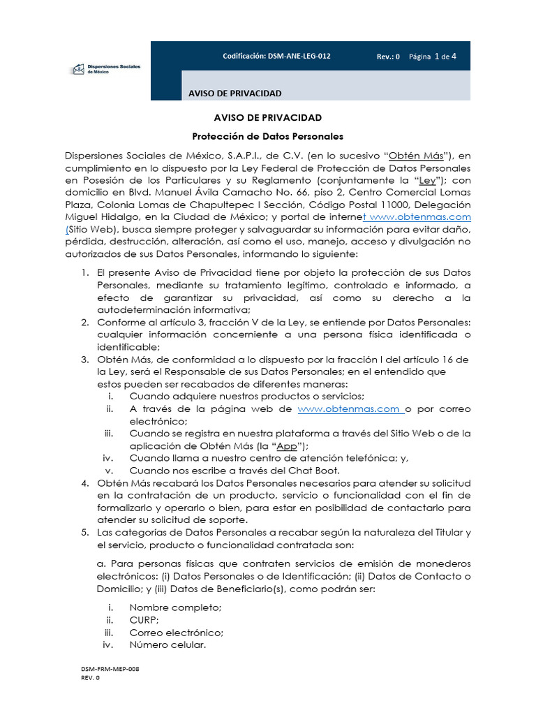 DSM-ANE-LEG-012-Aviso-Privacidad-DSM-REV.-1.0-1 | PDF | Cookie HTTP | Privacidad en internet