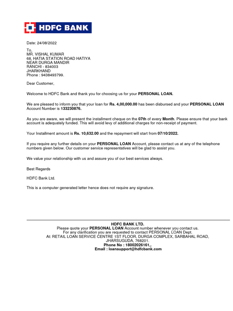 HDFC Personal Loan Confirmation | PDF