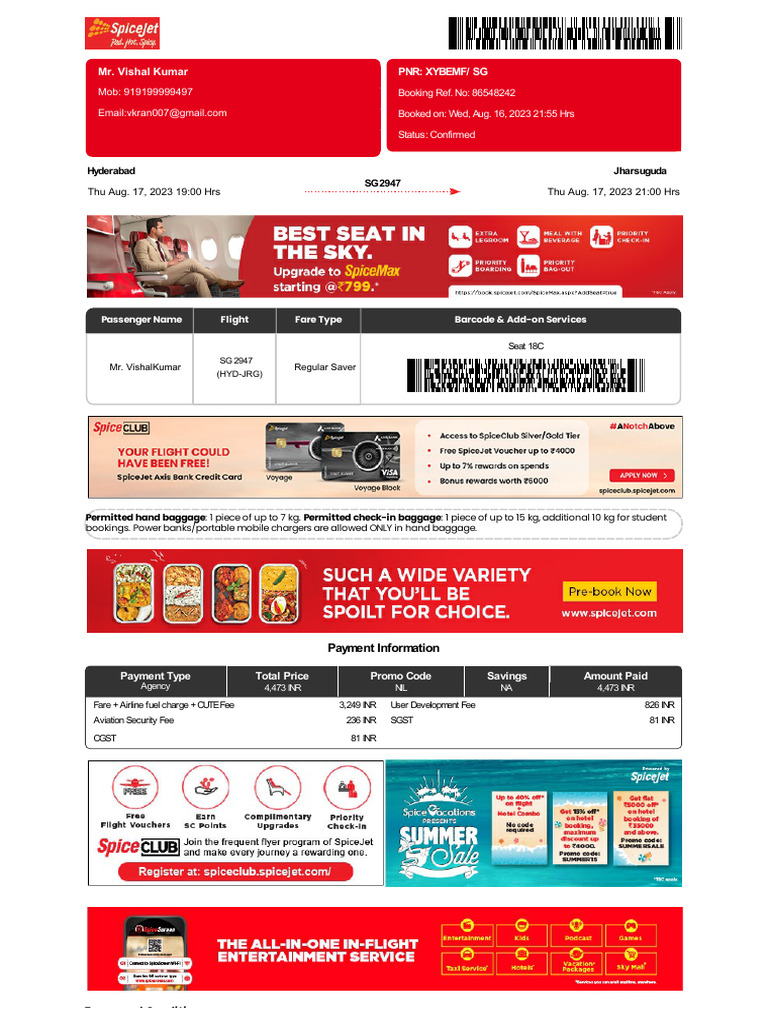 SpiceJet - E-Ticket - PNR - XYBEMF 19 Aug 2023 Hyderabad-Jharsuguda For ...
