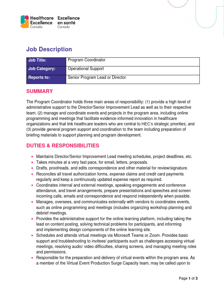 Job Description Program Coordinator en | PDF | Occupational Safety And ...
