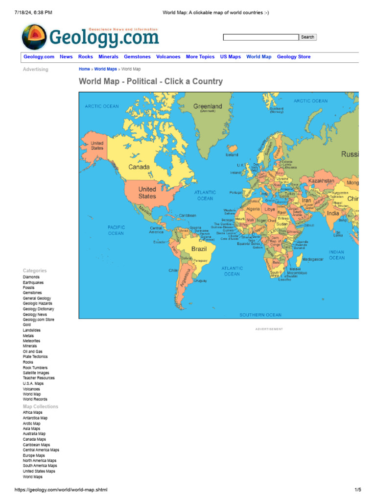 World Map - Political - Click A Country: News Rocks Minerals Gemstones ...