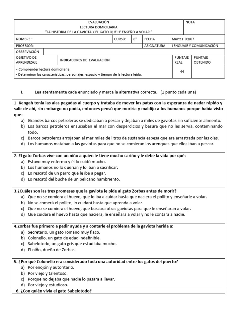 EVA. LD. 8 LA HISTORIA DE LA GAVIOTA Y EL GATO QUE LE ENSEÑO A VOLAR | PDF