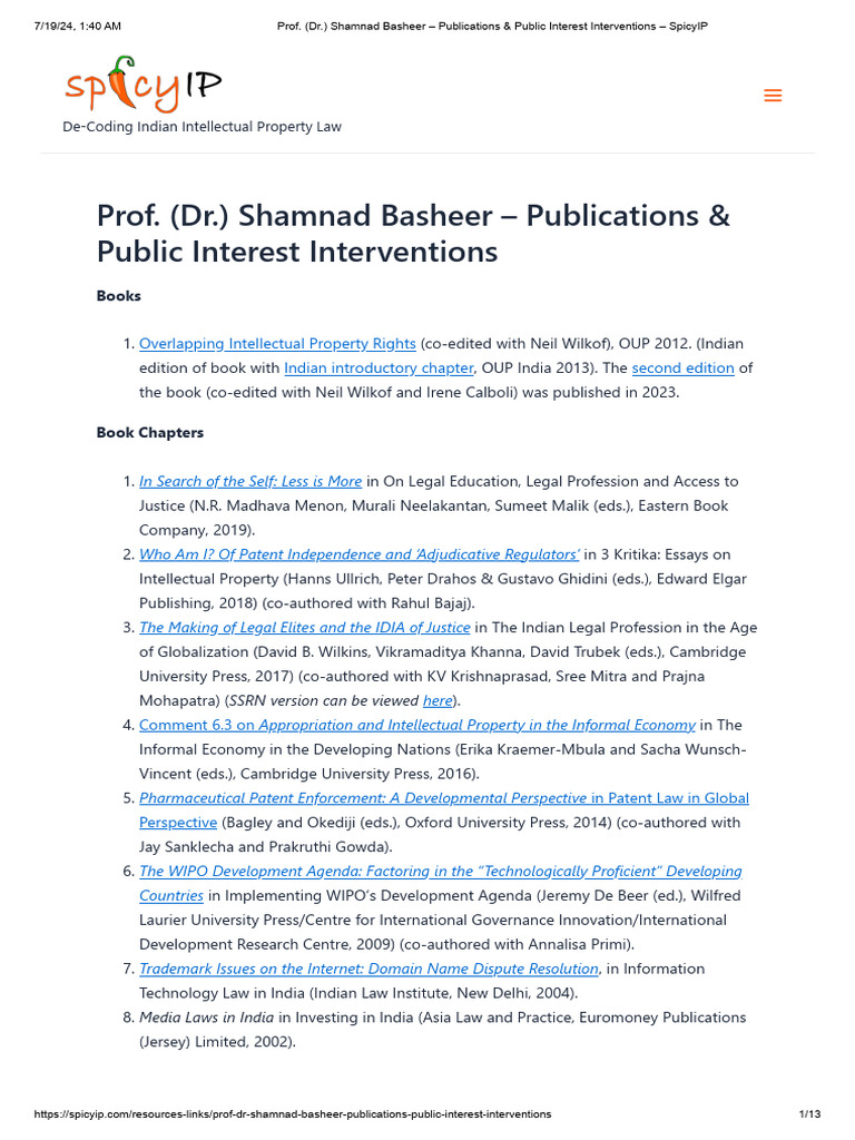Prof. (DR.) Shamnad Basheer - Publications & Public Interest Interventions - SpicyIP | PDF ...