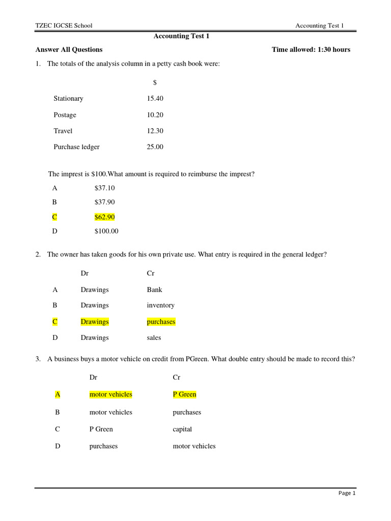 Accounting Test 1 (Sample Answer) - 1 | PDF | Debits And Credits ...