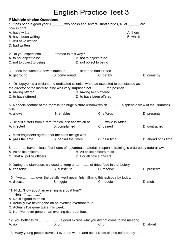 English Practice Test: Multiple Choice & Corrections | PDF