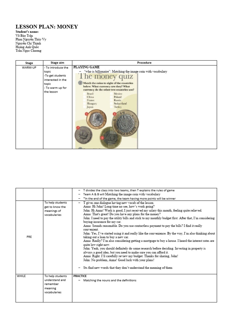 Engaging Money Lesson Plan | PDF | Vocabulary