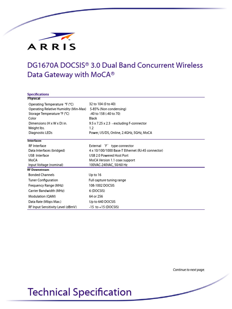 Arris DG1670A Technical Specifications | PDF | Ieee 802.11 | Broadcast ...